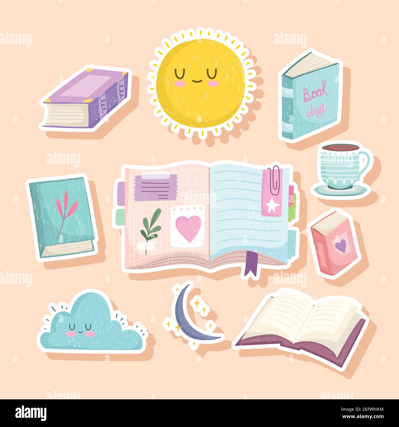 set book, stickers books sun coffee cup and moon vector illustration ...