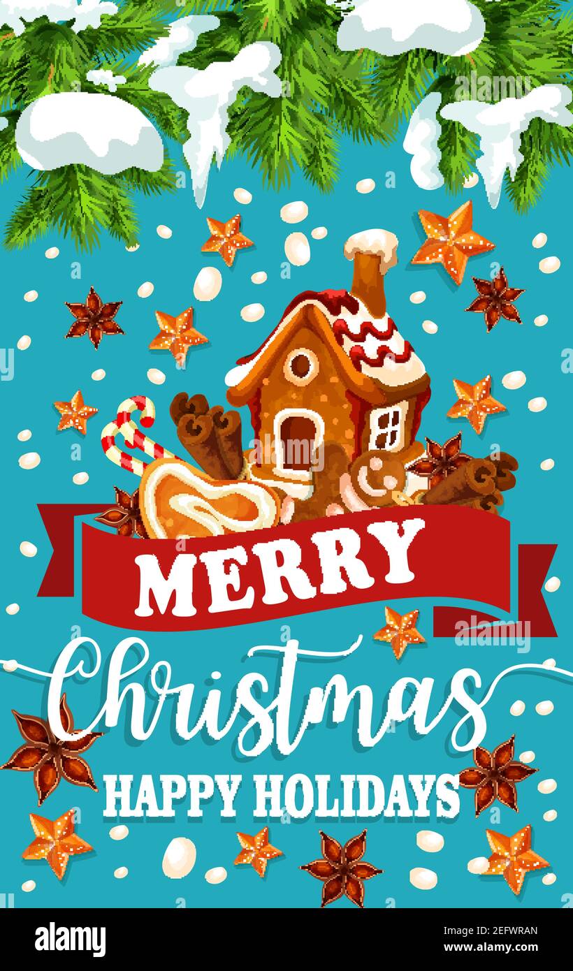 Christmas holiday ginger cookie greeting poster. Gingerbread man, house ...
