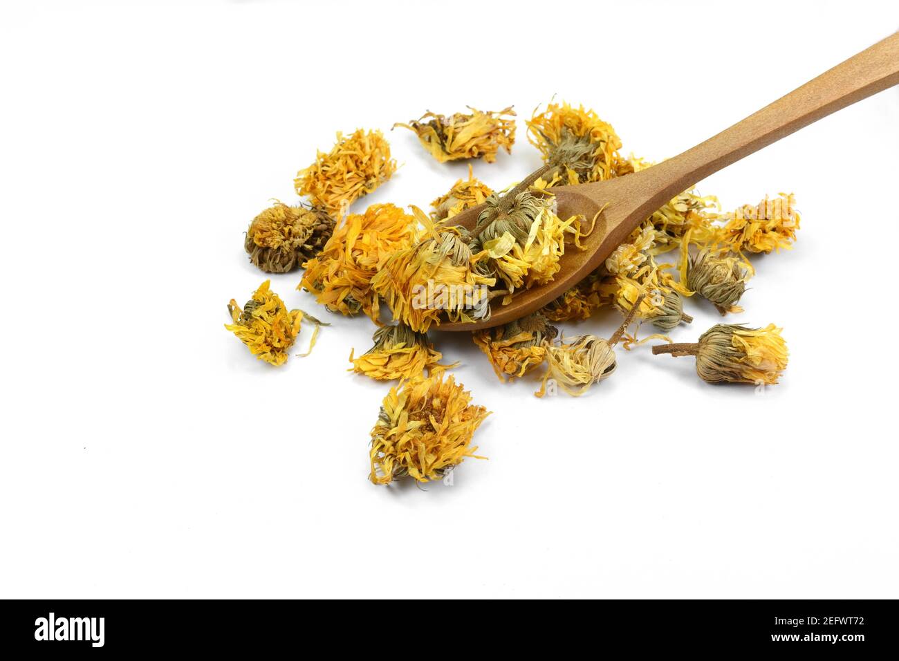 Calendula officinalis or Marigold dry tea flowers isolated. Calendula ...