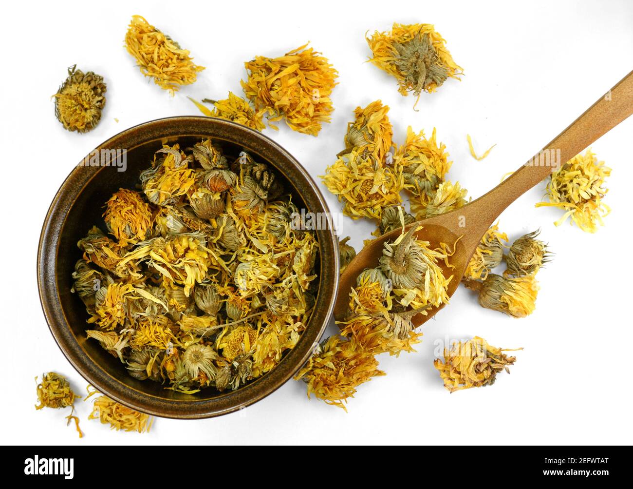 Calendula officinalis or Marigold dry tea flowers isolated. Calendula ...