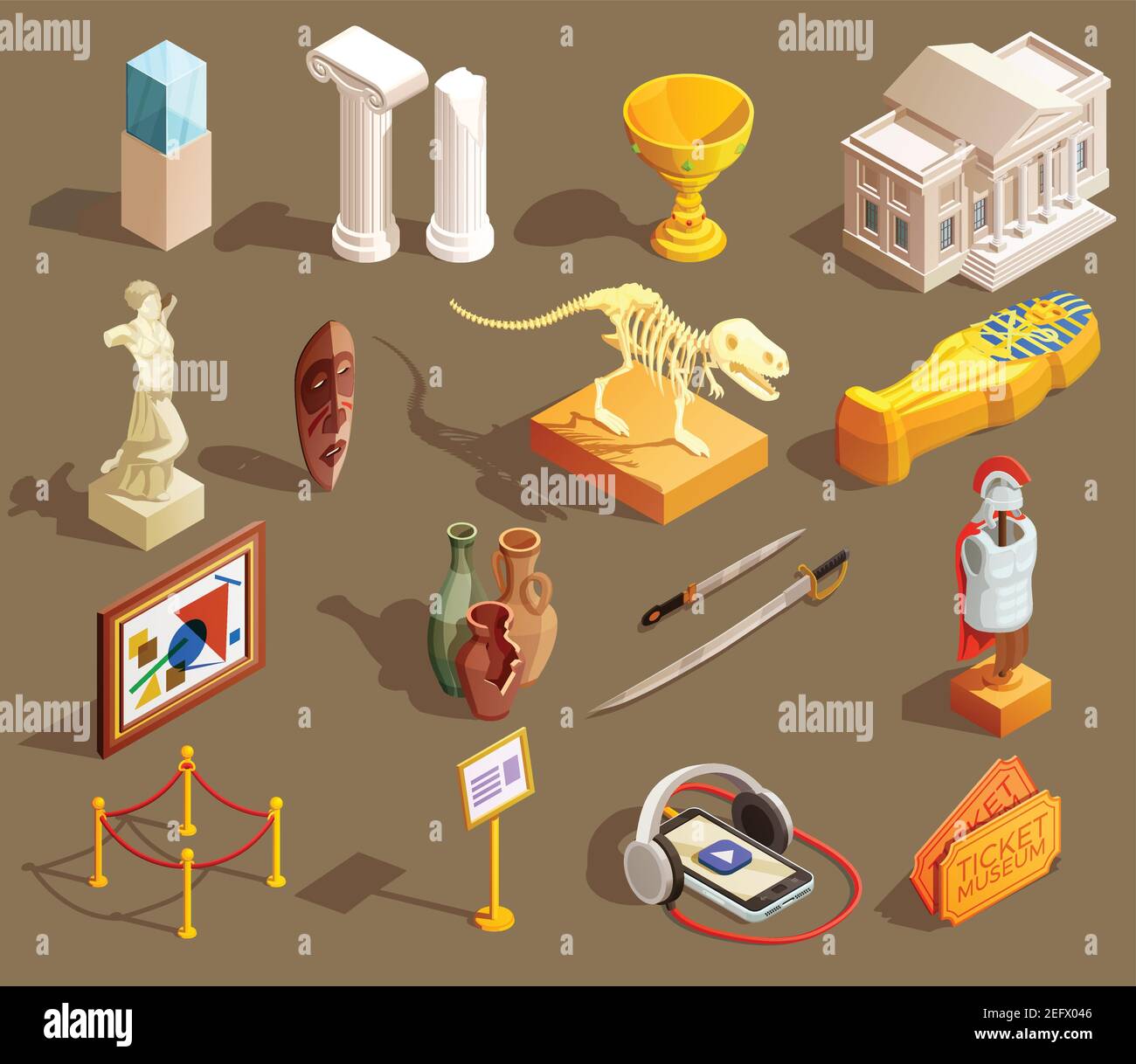 Museum icon isometric set of isolated exhibit items and essential ...