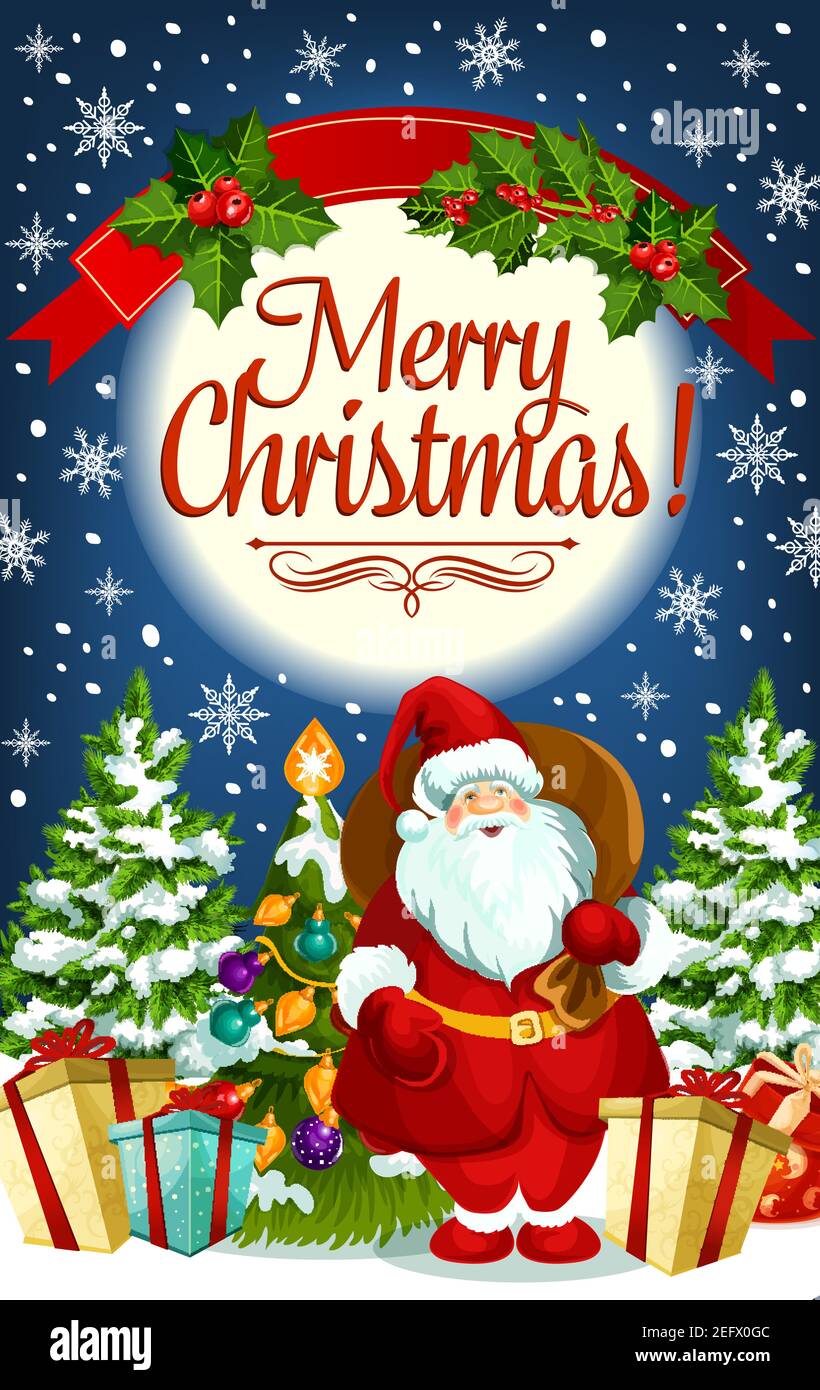 Christmas greeting card with Santa Claus and New Year gift. Santa with ...