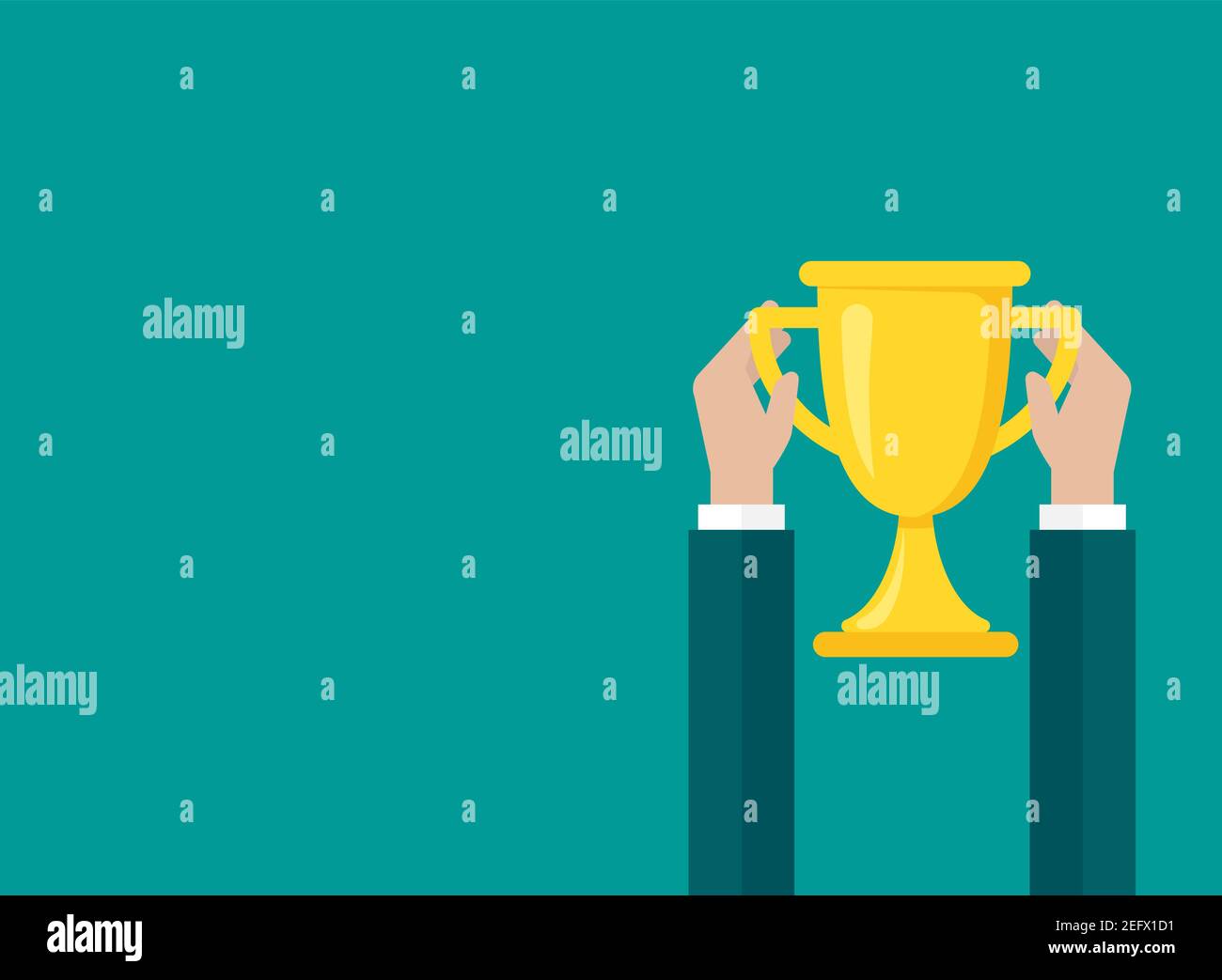 Hands with gold trophy, winning cup isolated on blue background. First ...