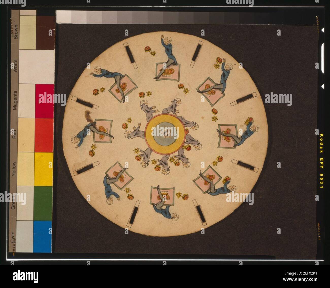 Optical illusion disc with two men throwing and catching cakes and ...