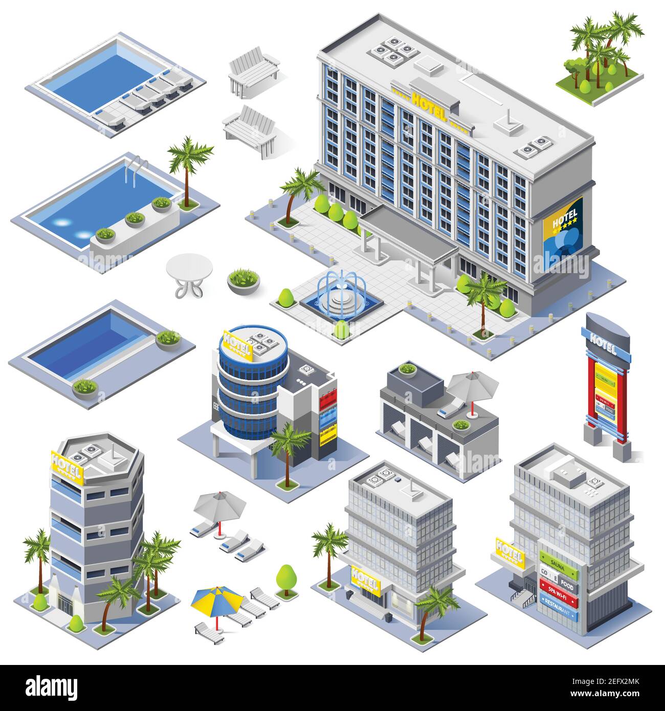 Luxury hotel buildings isometric icons set with palm trees and pools ...