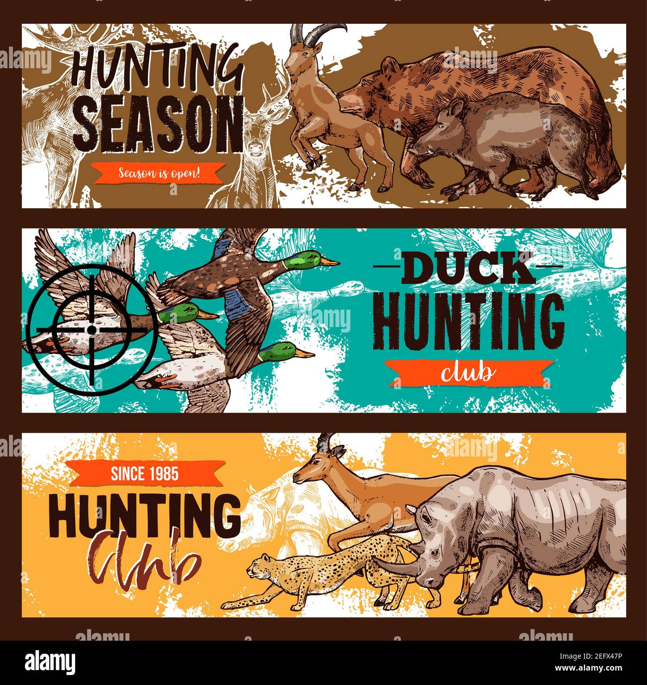 Hunting open season or hunter club sketch banners templates. Vector ...