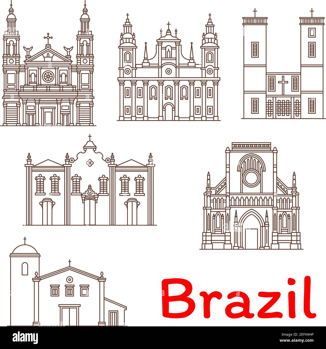 Brazil architecture landmarks and famous buildings facade line icons ...