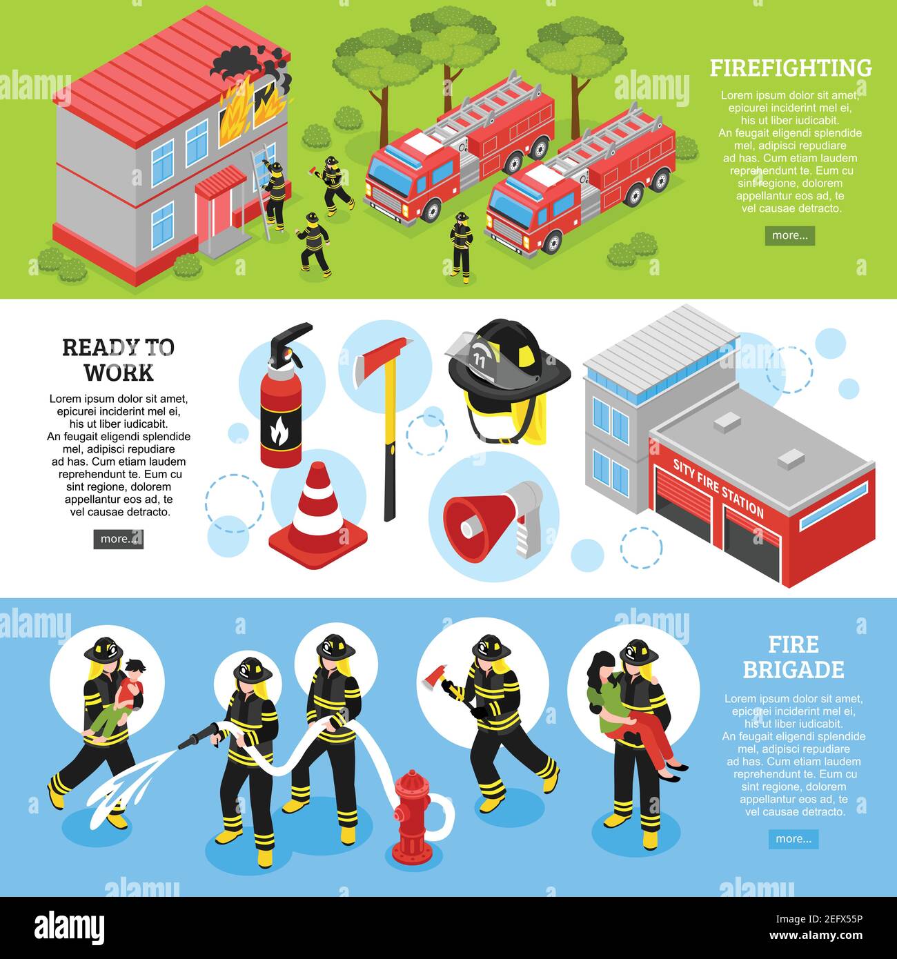 Horizontal isometric banners set with firefighter equipment department ...