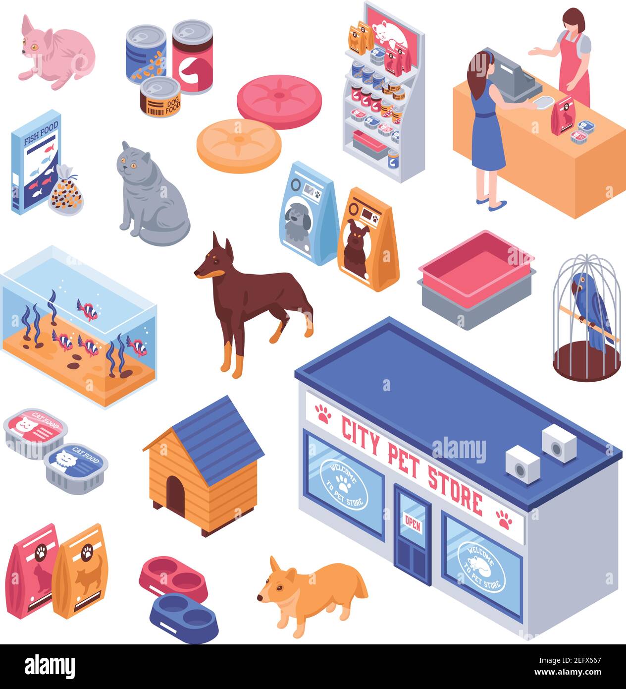 Isometric pet shop set with cute animals and goods for them isolated on ...