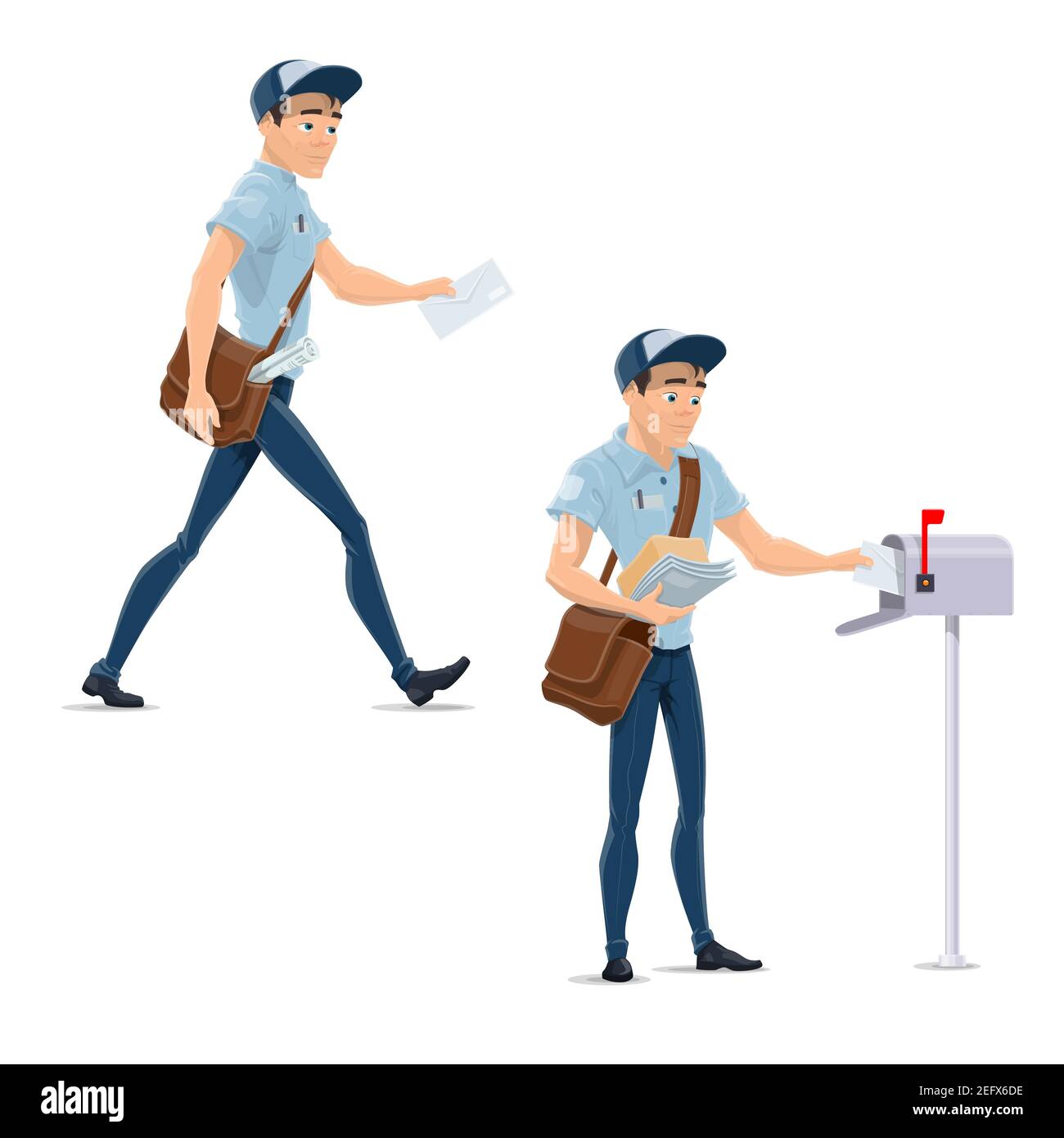 Postman at work delivering letter envelopes to postbox. Vector mailman ...
