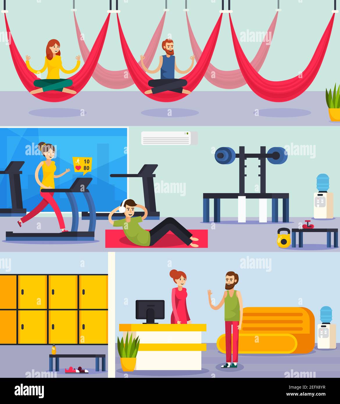 Three flat fitness training people orthogonal composition with yoga ...