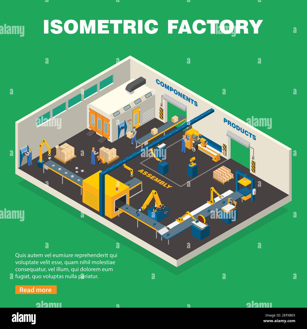 Conveyor line composition with equipment on green background isometric ...