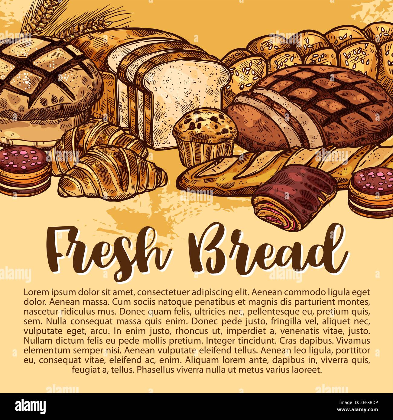 Bakery shop sketch poster of bread and baked pastry desserts. Vector ...