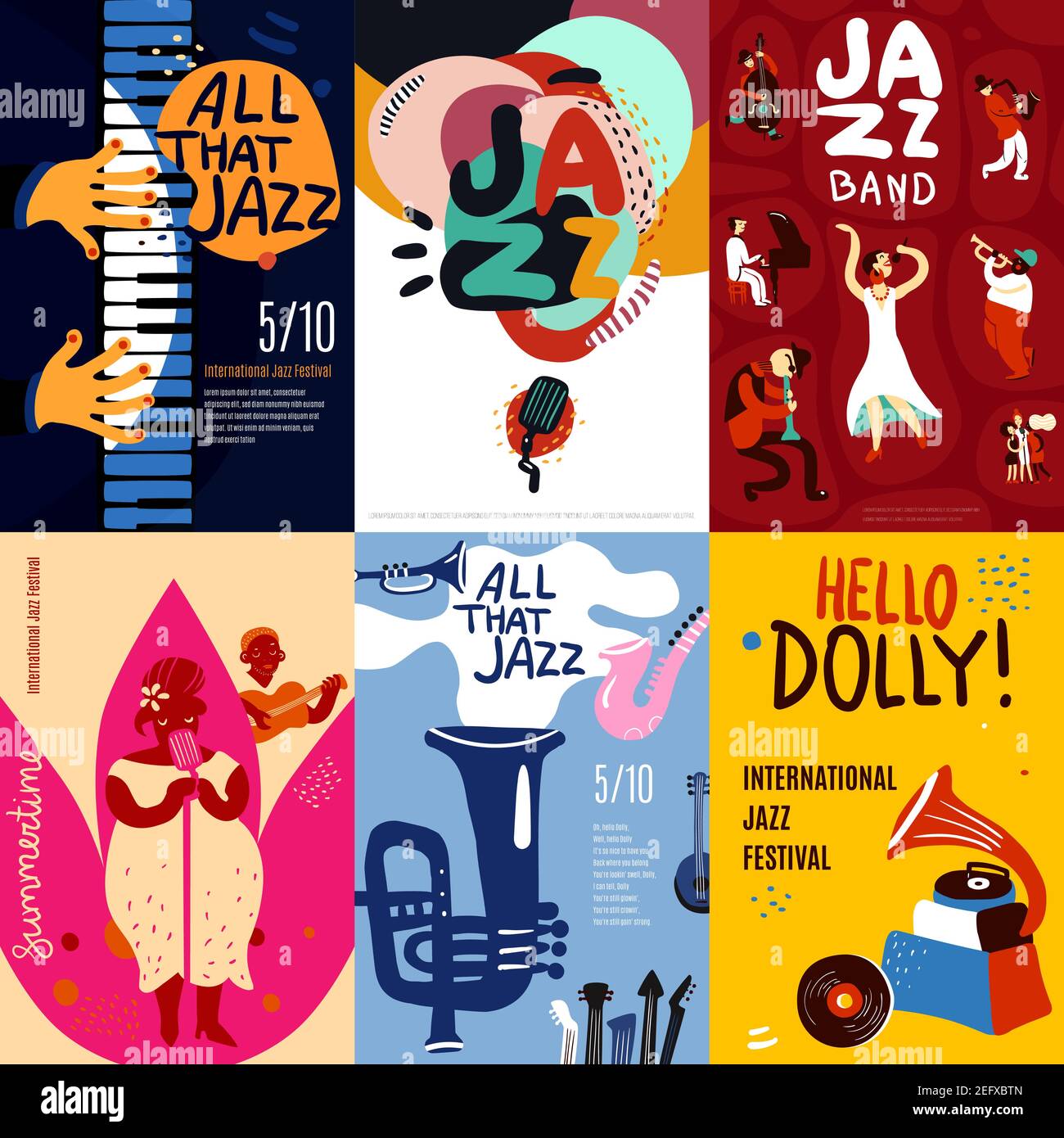 Colorful jazz festival musicians singers and musical instruments poster ...