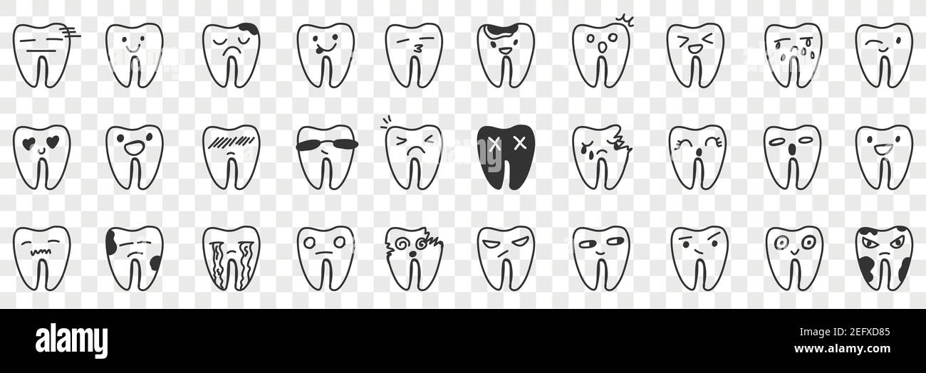 Healthy and unhealthy tooth doodle set. Collection of hand drawn ...