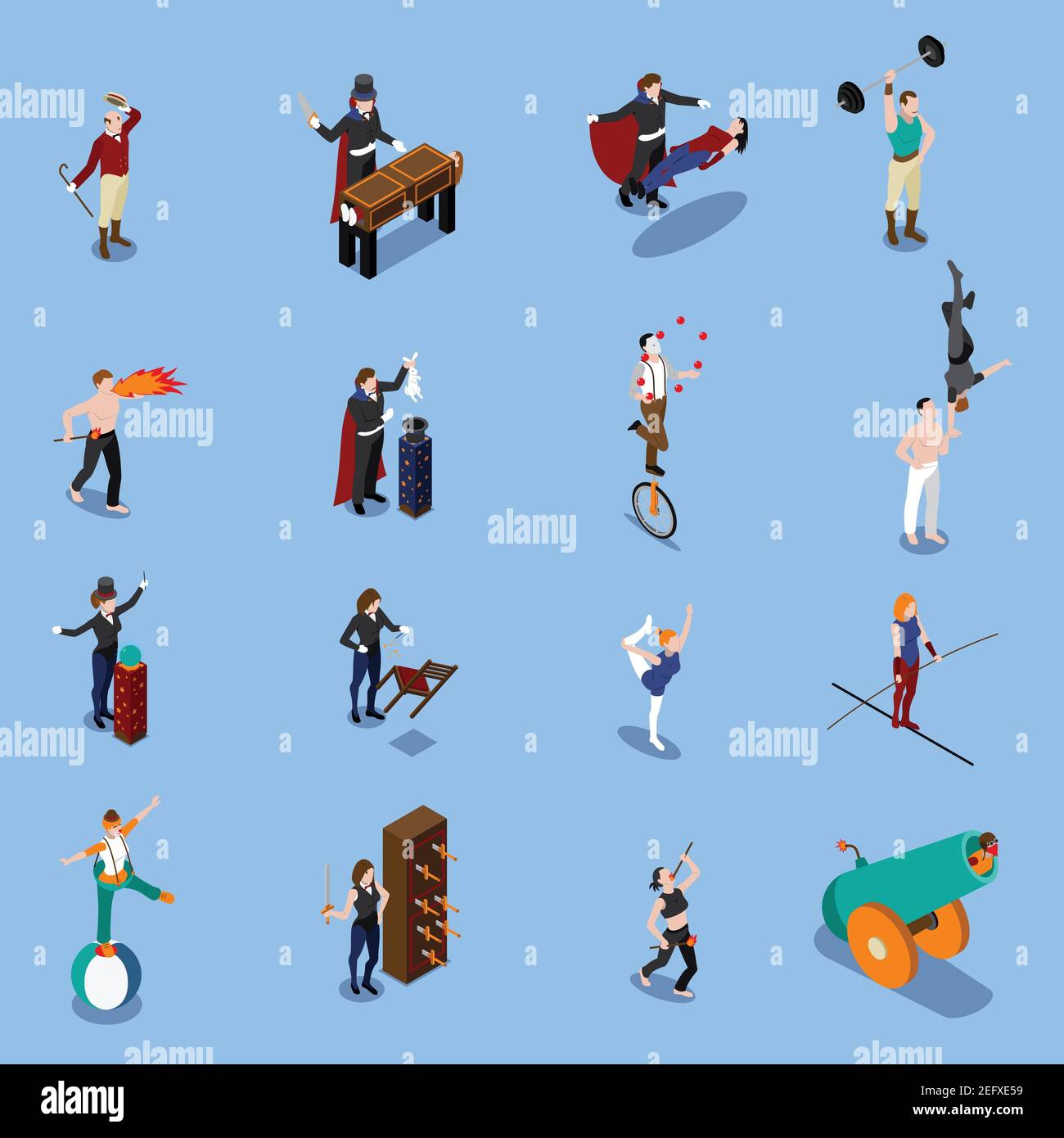 People from magic show isometric set with illusionist strongman ...