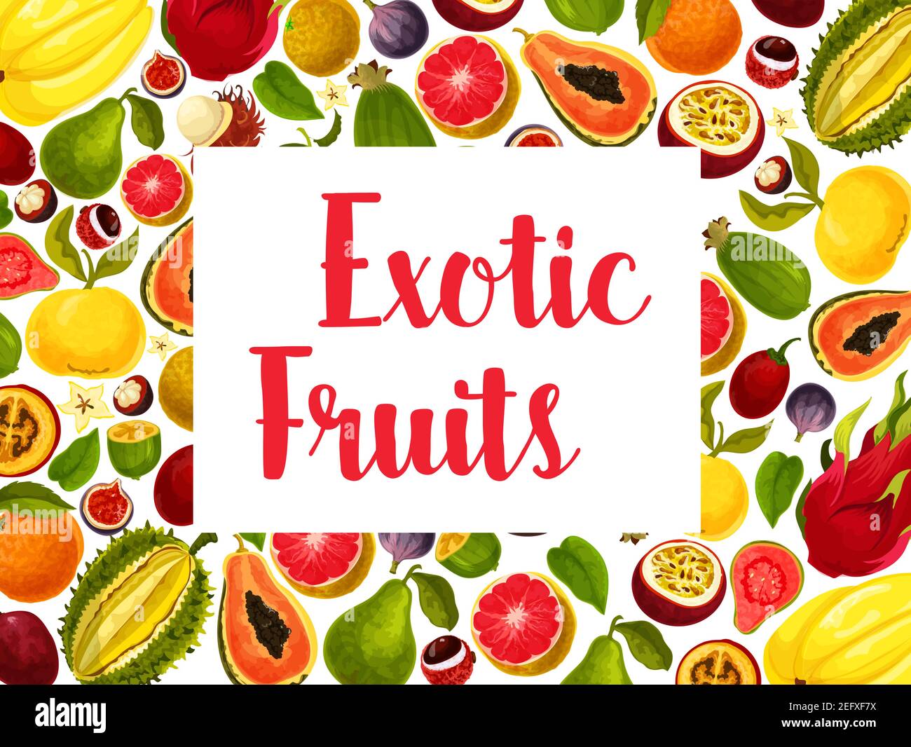 Exotic fruit poster with frame of fresh tropical fruits. Orange, papaya ...