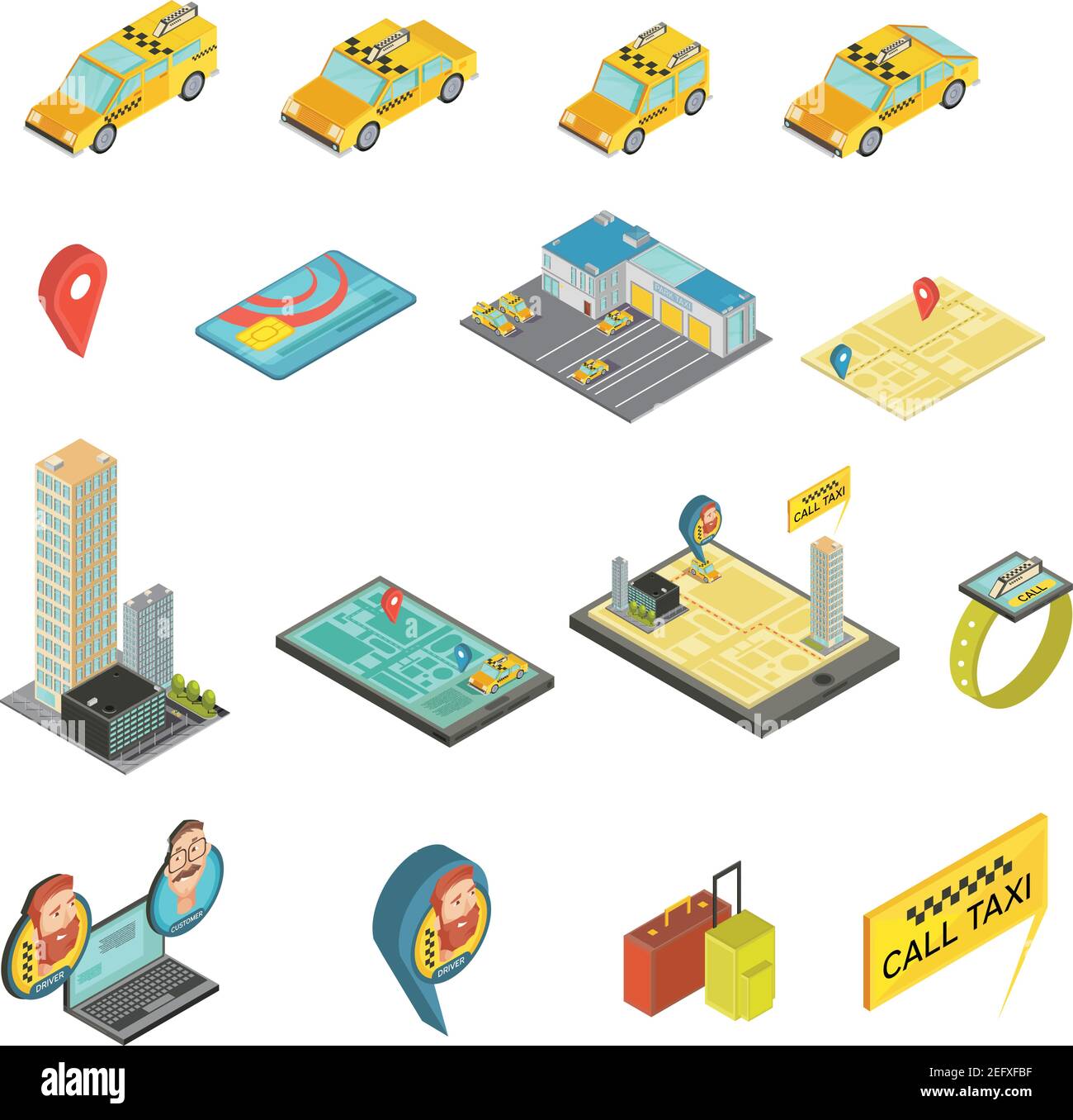 Taxi and gadgets isometric set including cars, houses, payment card ...