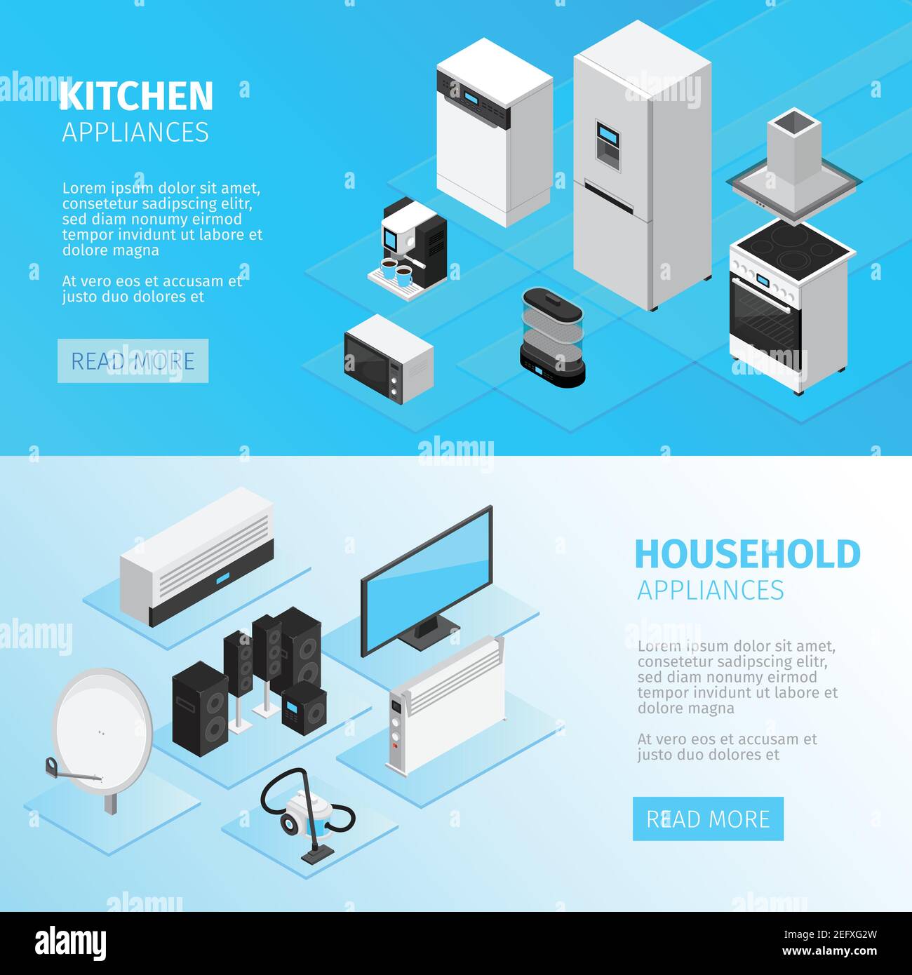 Household appliances horizontal banners with kitchen equipment and ...