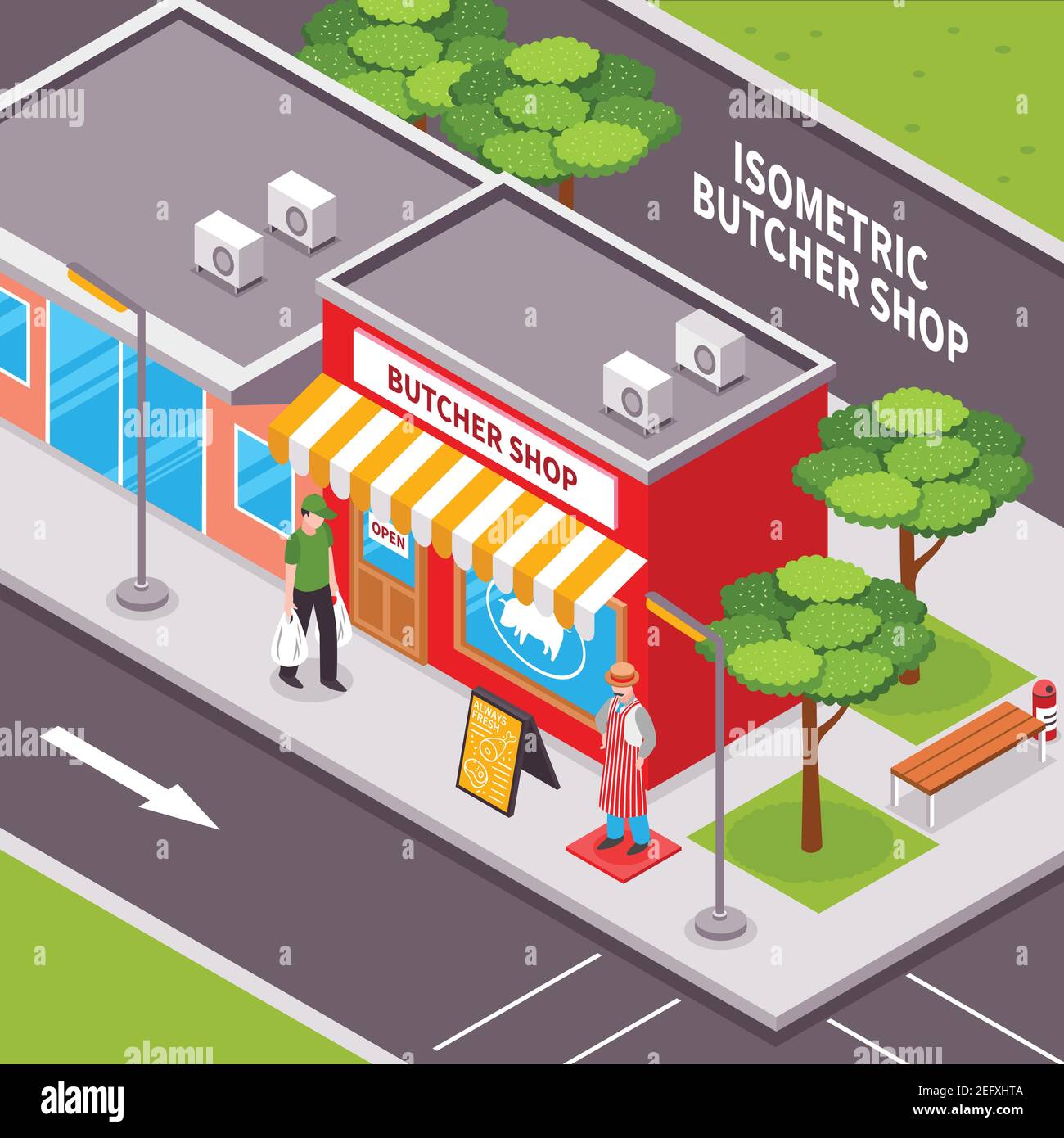 Butcher shop outside isometric design with advertising striped awning ...