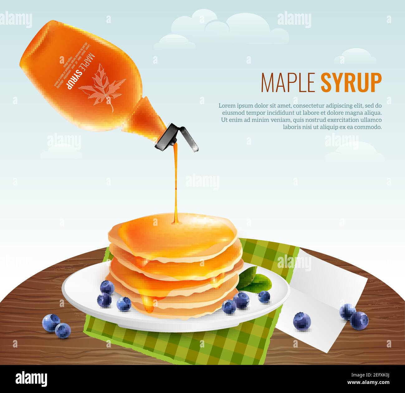 Maple syrup concept with table pancakes and berries cartoon vector ...