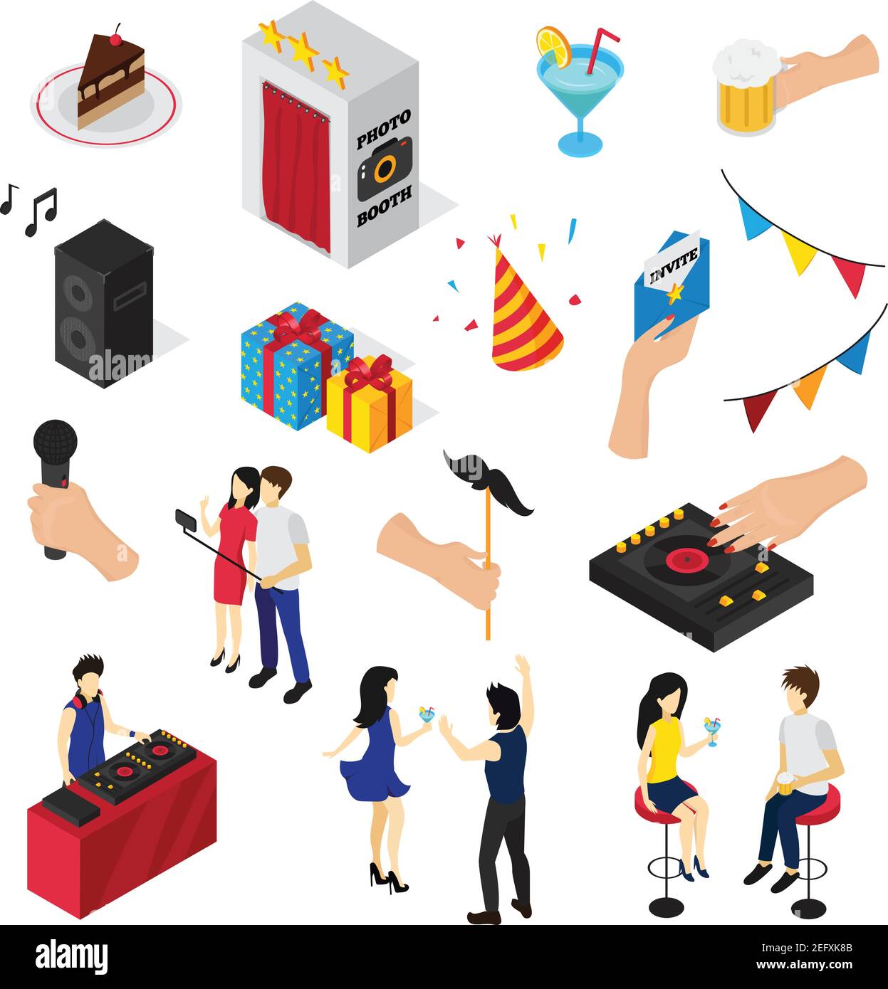 Party isometric set of isolated icons people characters decorations ...