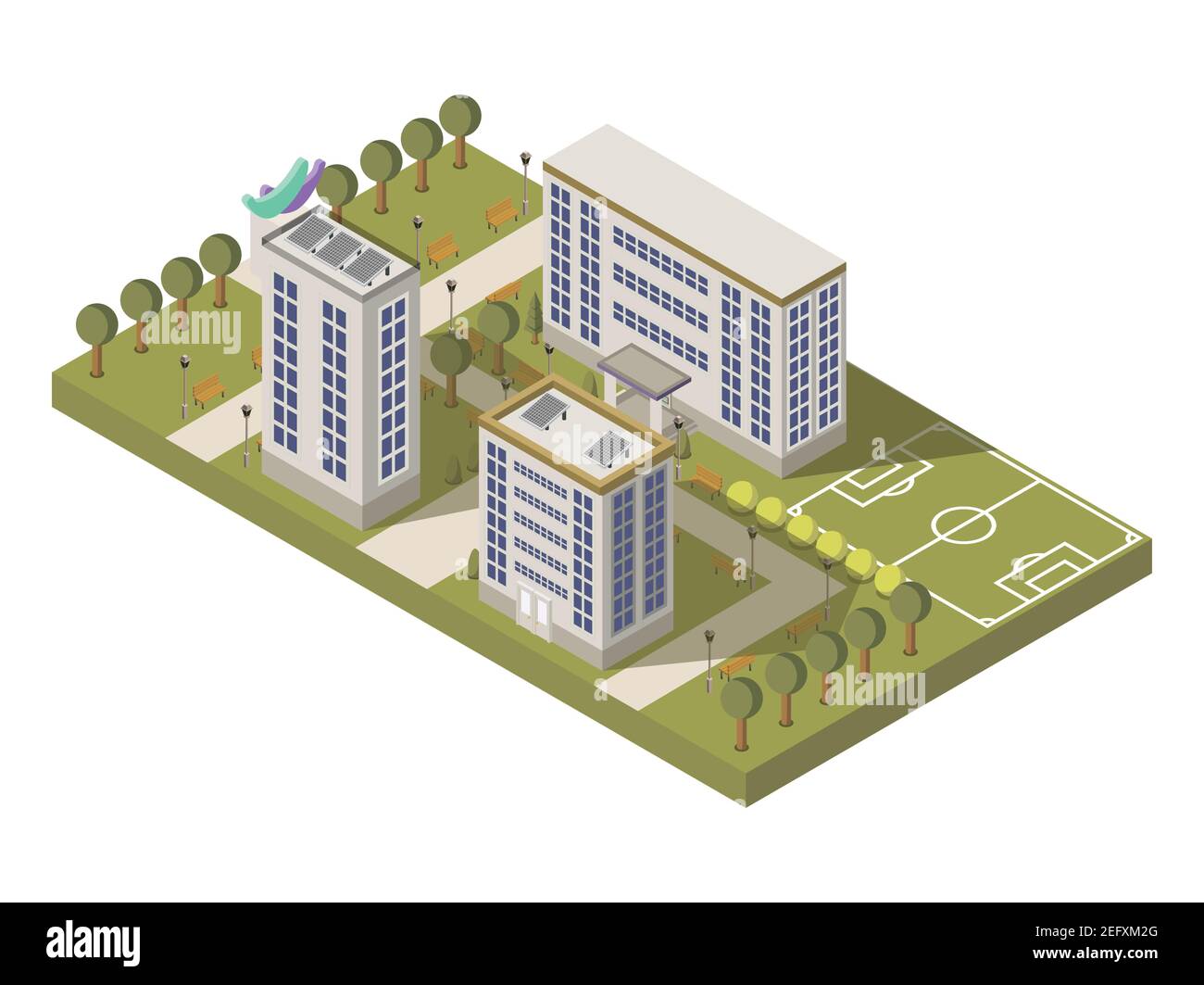 Isometric university campus composition with park and sports ground ...