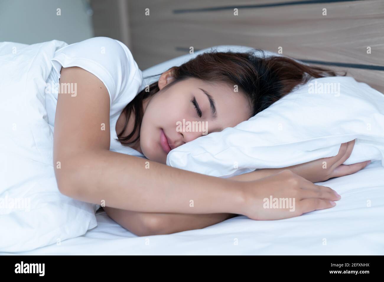 Top View of Beautiful Young Woman Sleeping Cozily on a Bed in His ...