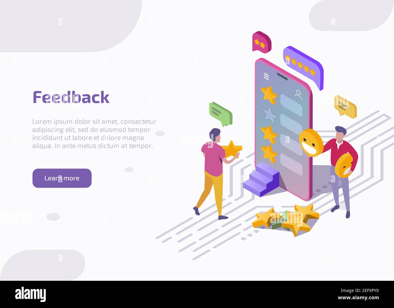 Feedback isometric landing page, web banner. Clients stand at ...