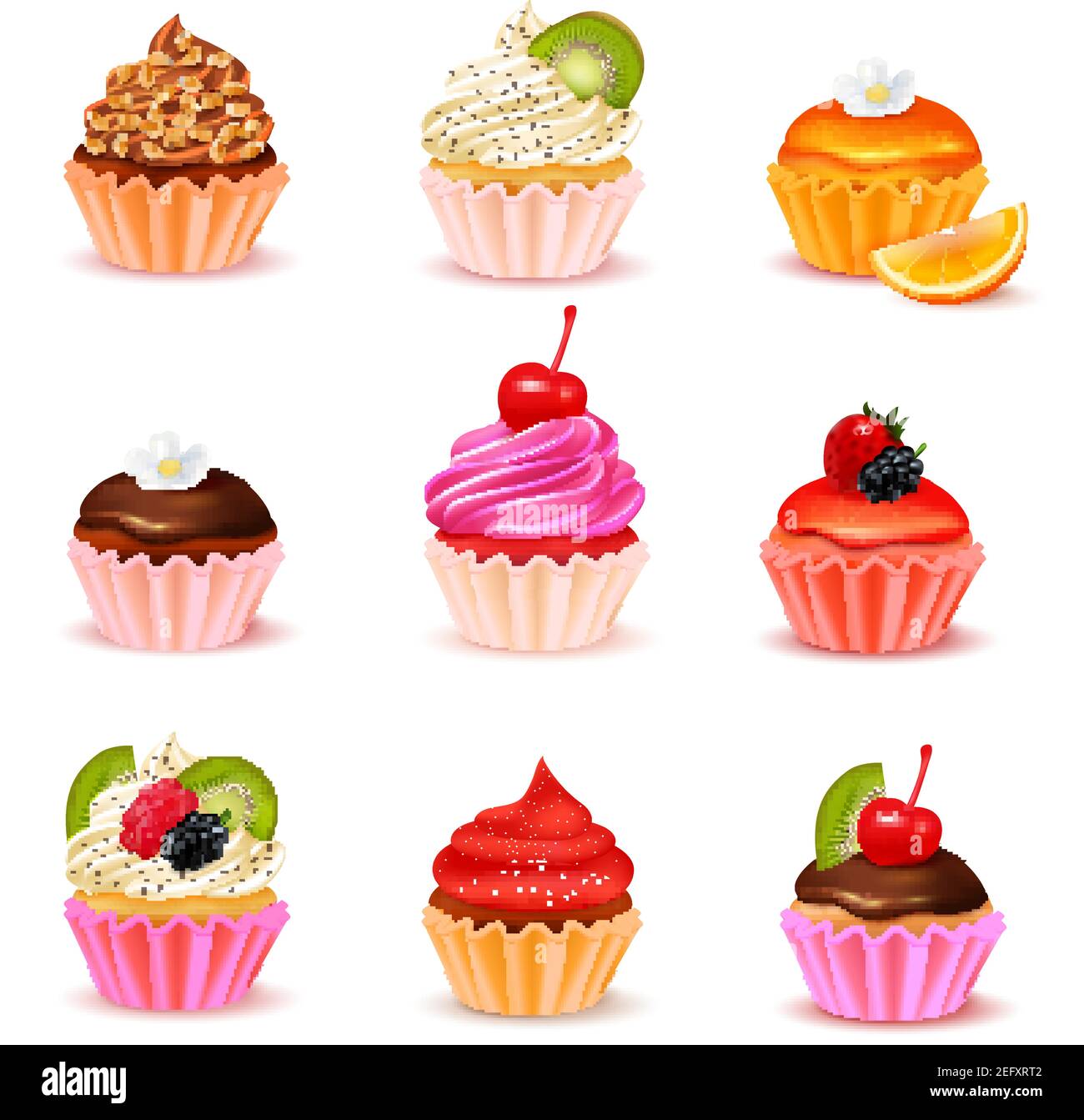 Bright realistic cupcakes with various fillings assortment set isolated ...