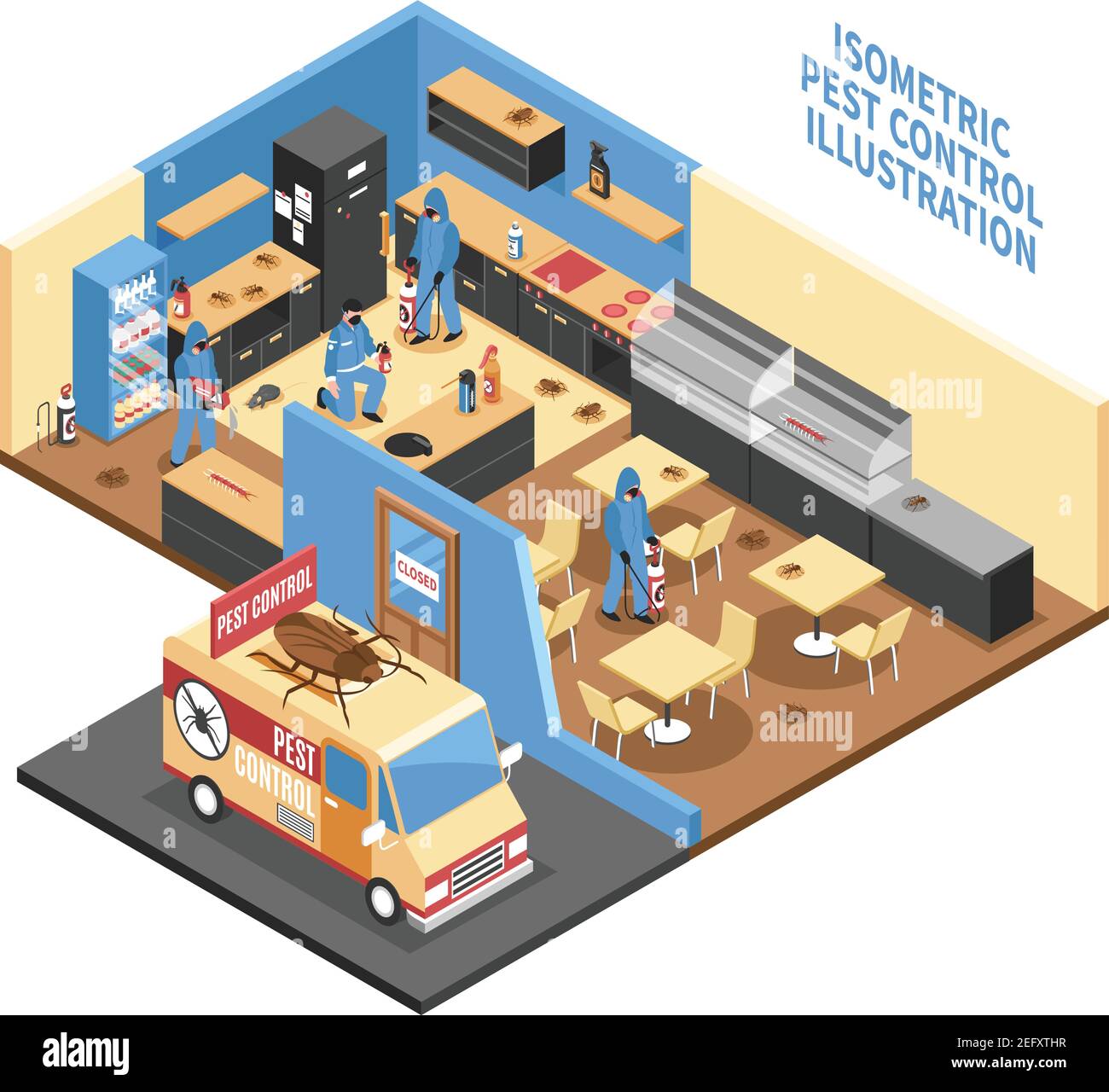 Pest control in cafe design with car workers with equipment parasites ...