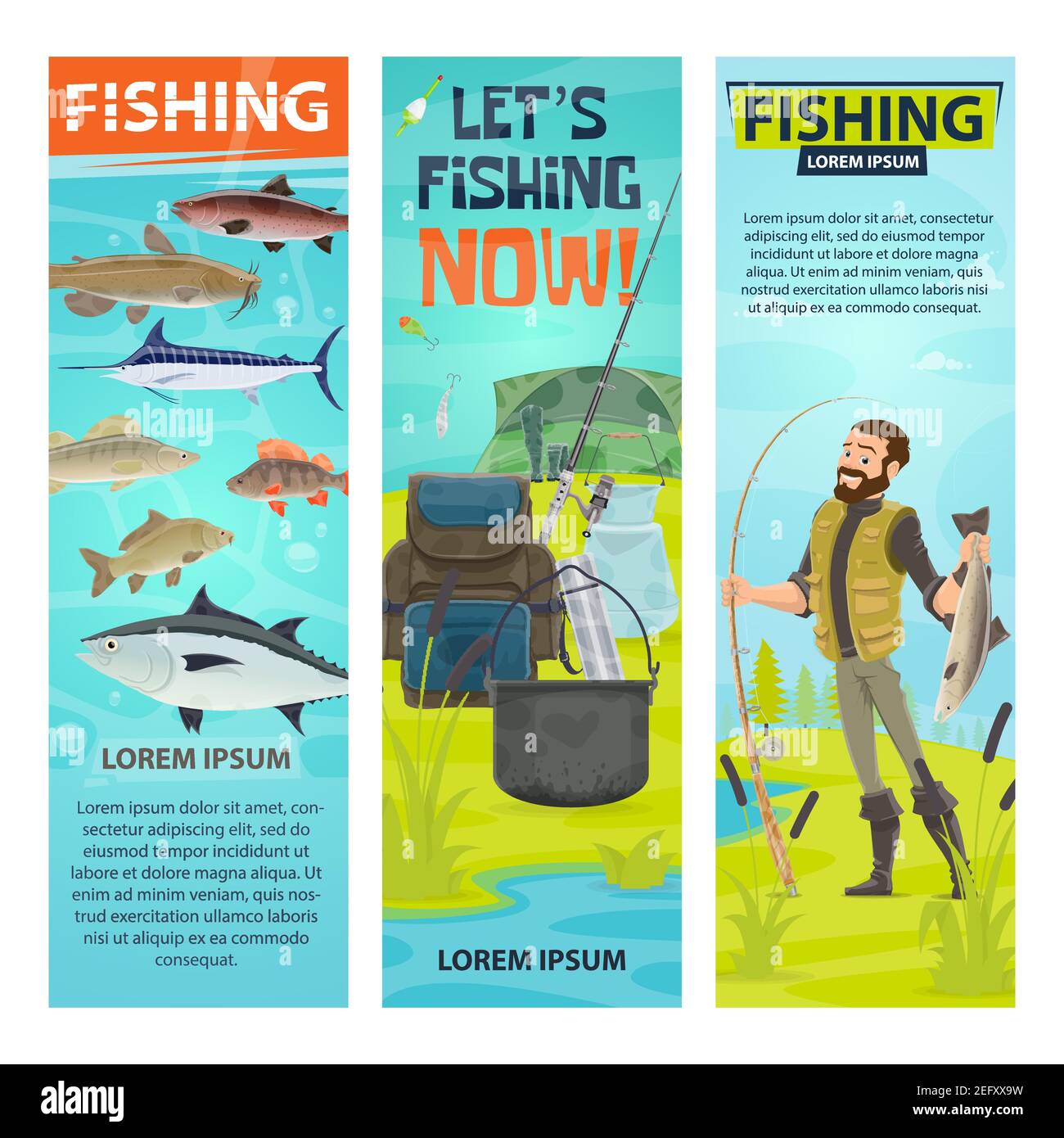 Fishing and fisherman banners of fisher with fish catch and equipment ...