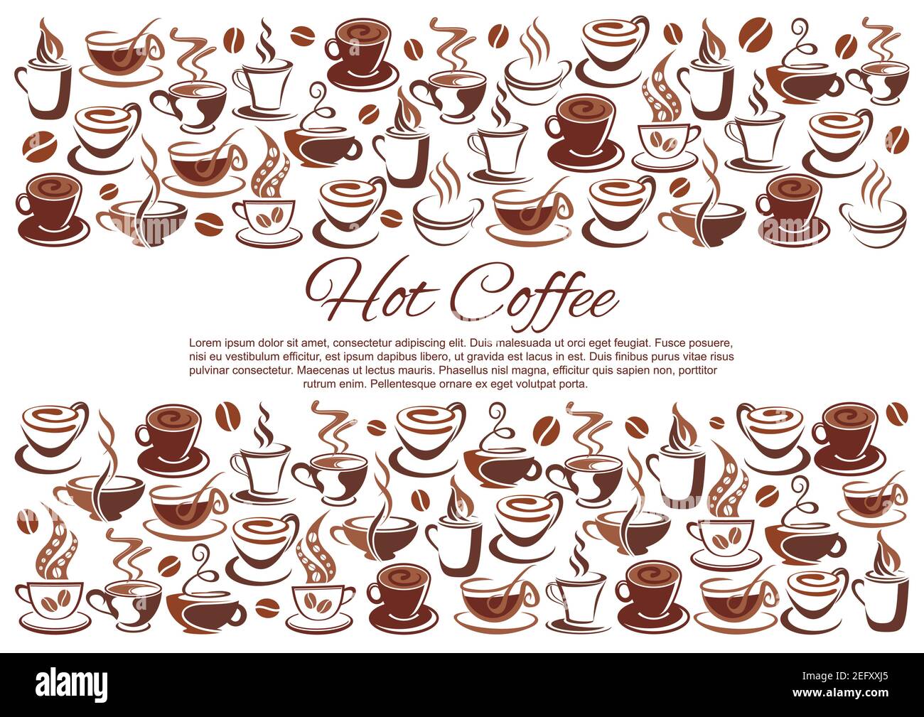 Hot coffee poster for cafe of coffee cups, beans and tea mugs steam ...