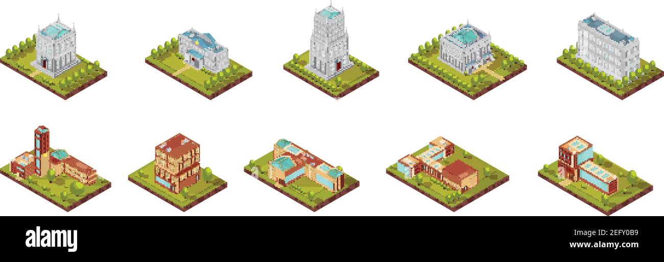 Isometric set of university buildings with windows on roofs and ...