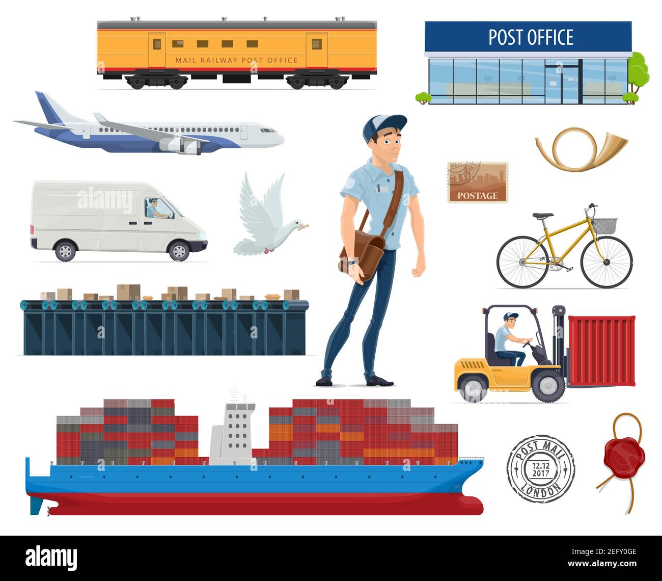 Post mail delivery and postman vector flat icons for postage services. Isolated symbols of post ...