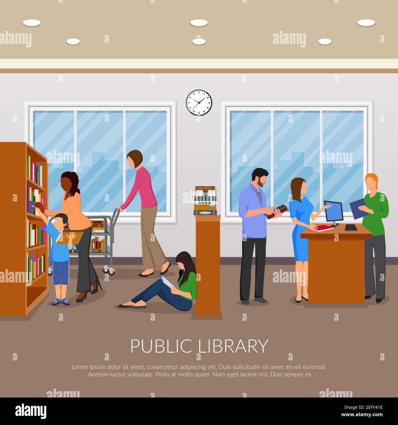 Public library composition with books bookshelf and people flat vector ...