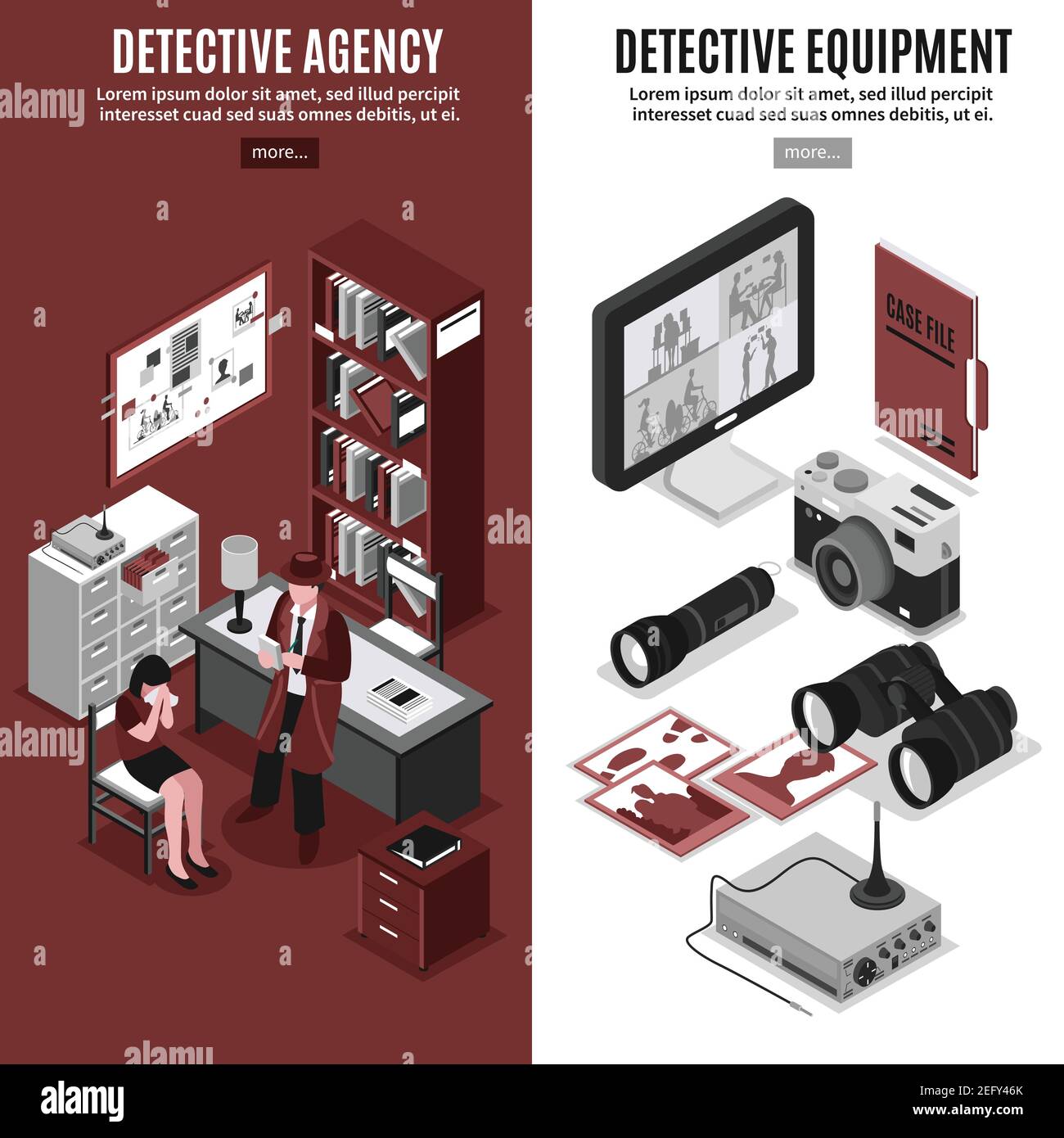 Detective vertical banners set of isometric image compositions with ...