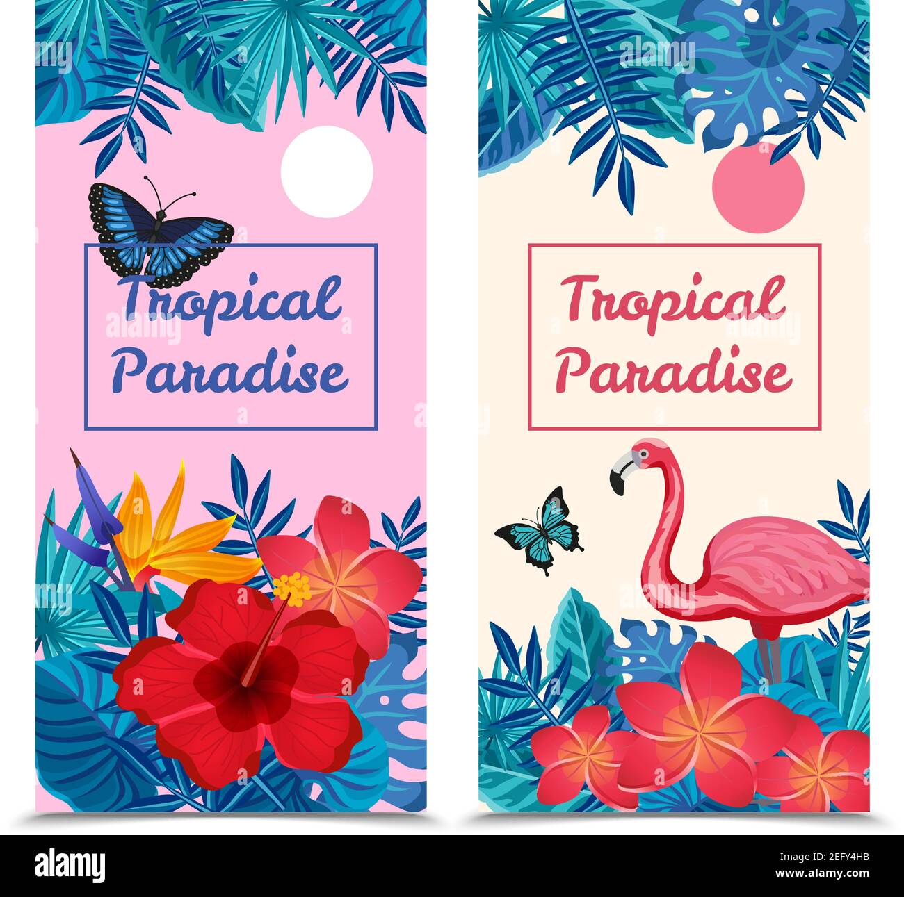 Flat design tropical paradise vertical banners set with exotic flowers ...