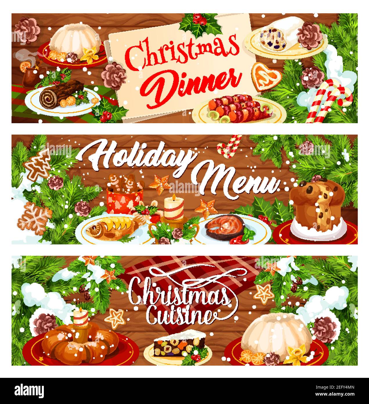 Christmas holiday menu banner with Xmas dinner dishes on wooden ...