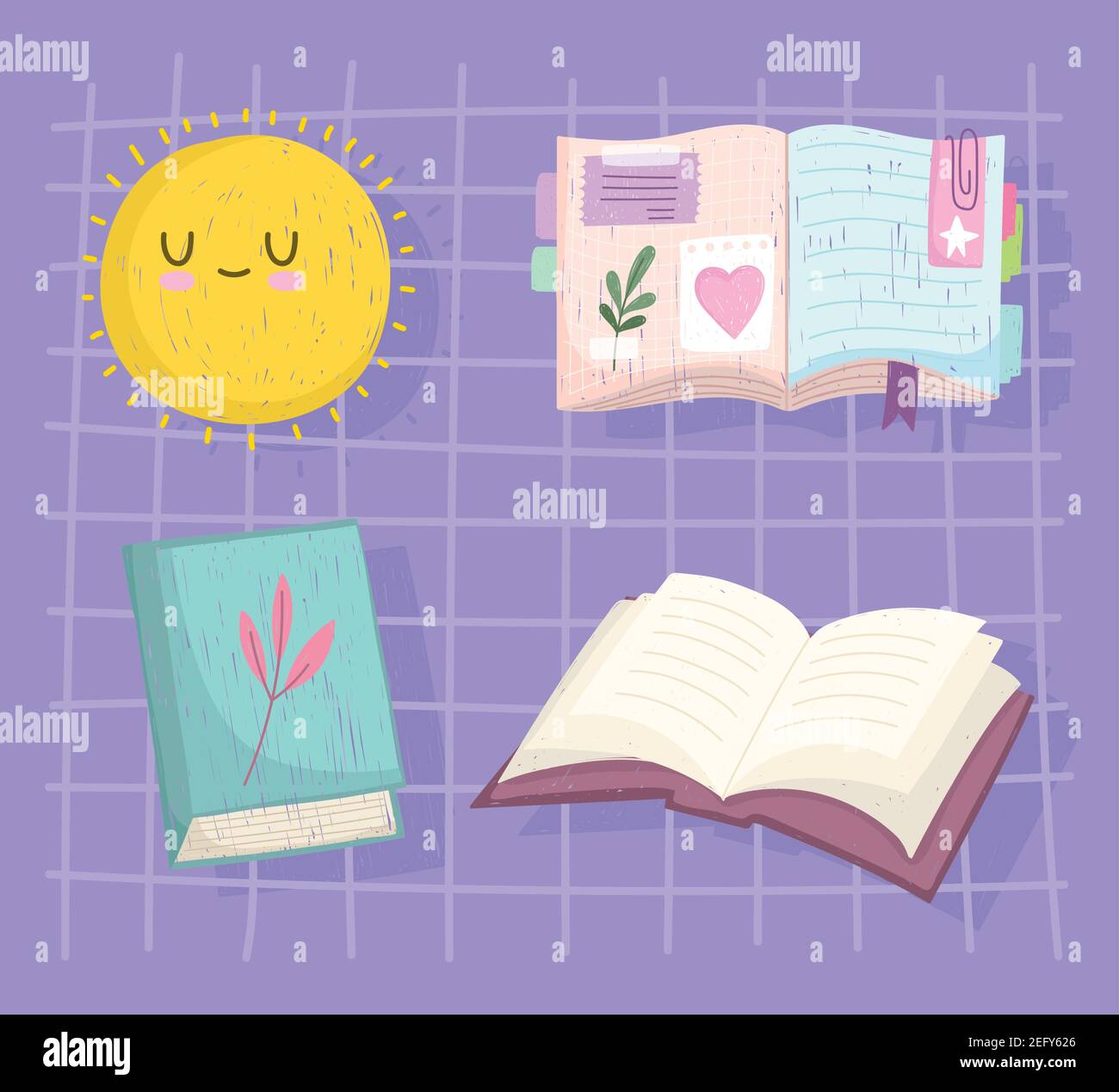 set book different books read and sun cartoon vector illustration Stock ...