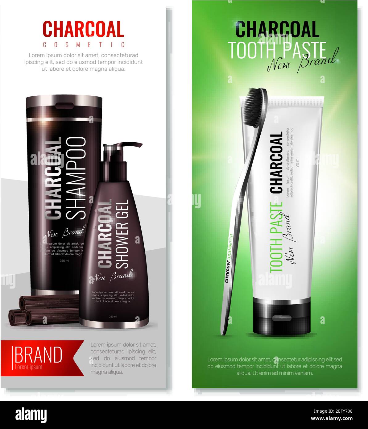 Charcoal cosmetic vertical banners set with branded shower gel and ...
