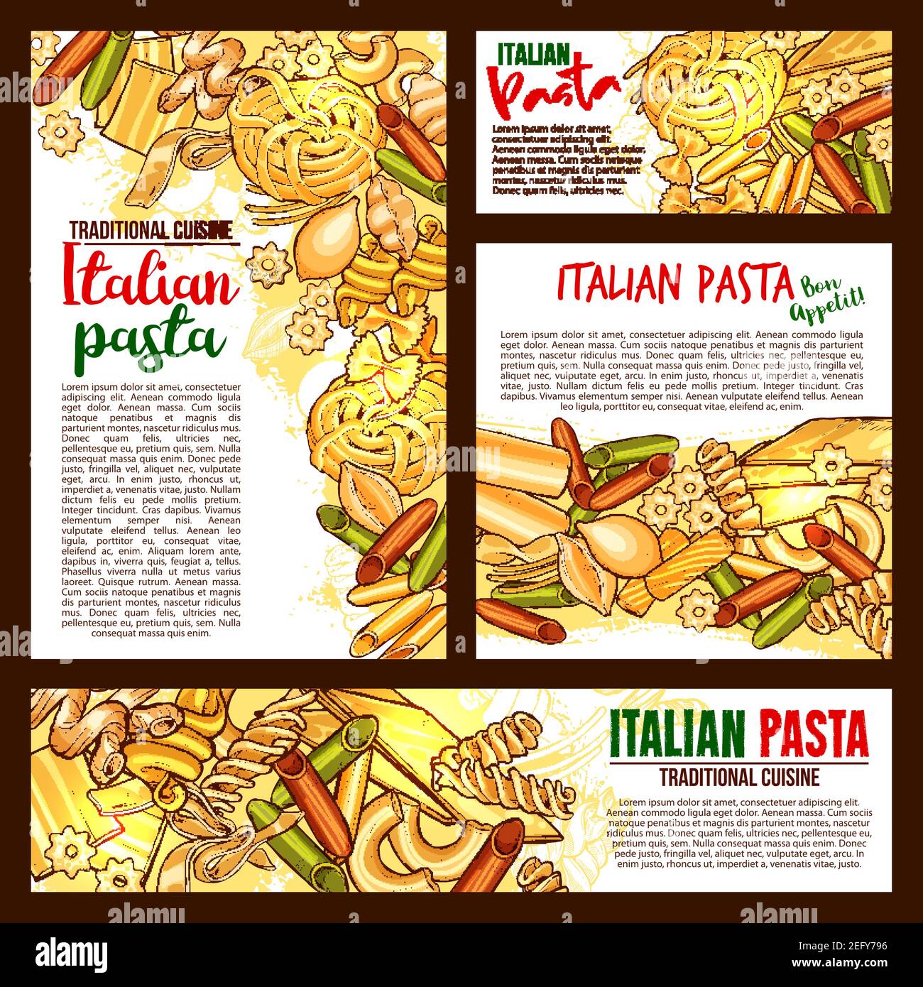 Italian pasta sketch posters and banners for traditional Italy cuisine ...