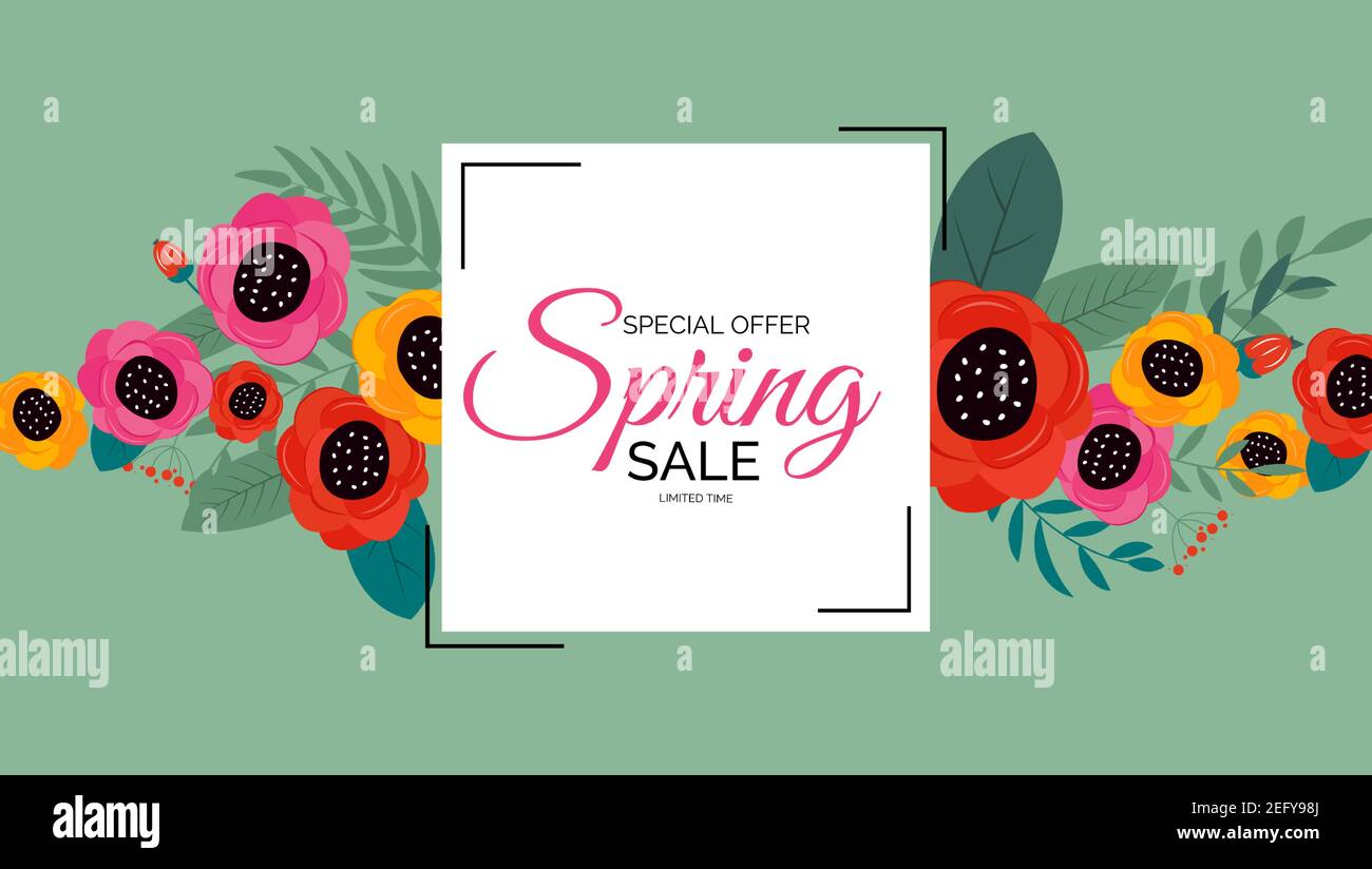 Promotion offer, card for spring sale season with spring plants, leaves ...