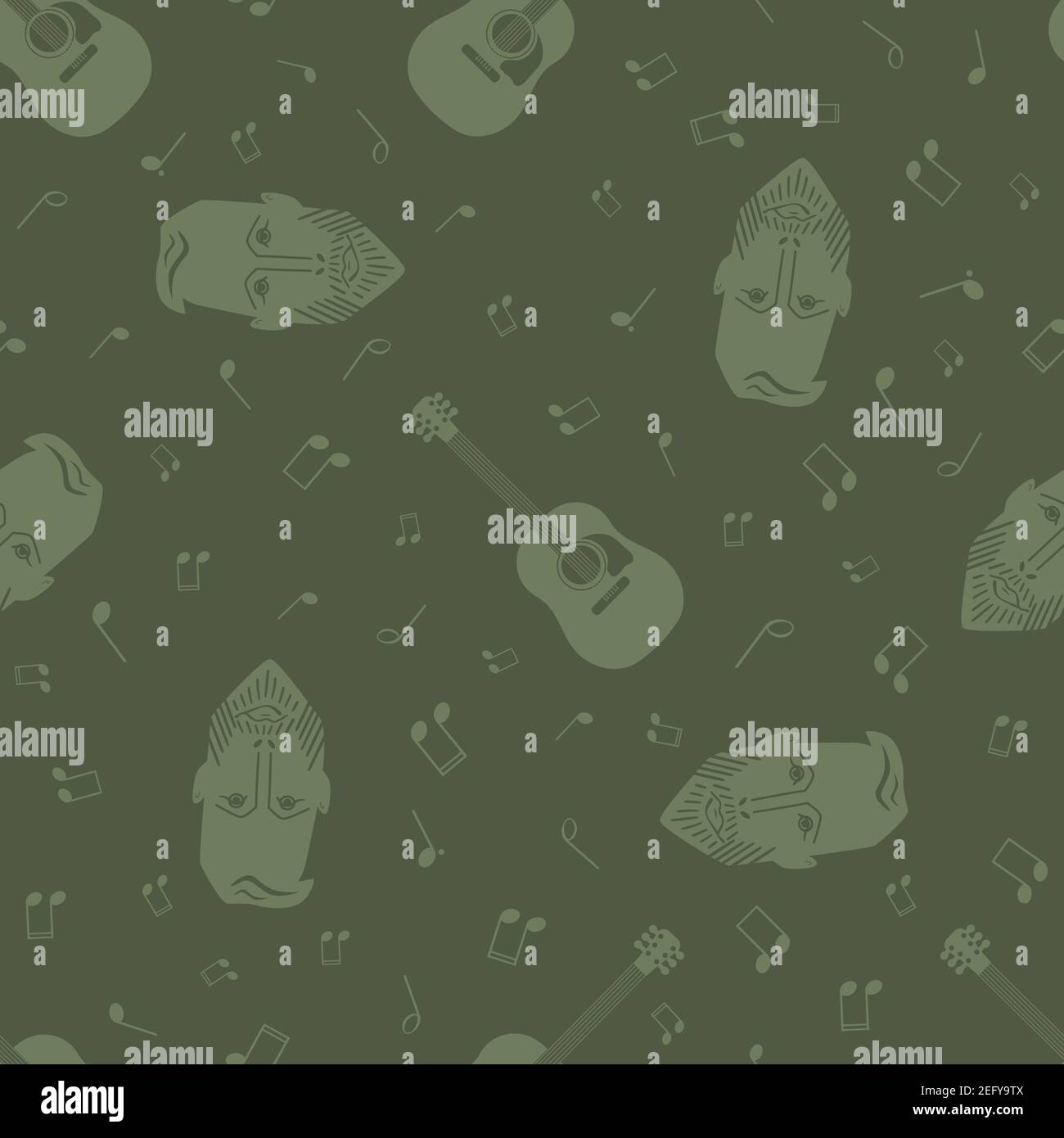 Acoustic guitar, male face, music notes vector seamless pattern ...