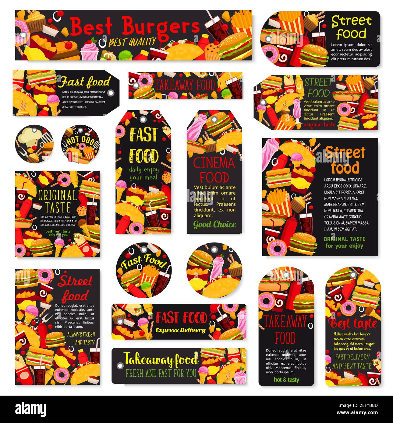 Fast food restaurant tags of fastfood meals, burgers or sandwiches and ...