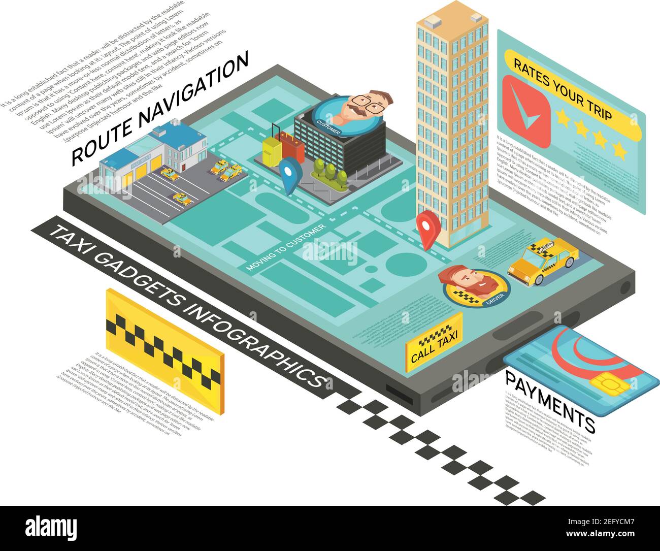 Taxi service online isometric infographics with route navigation on ...