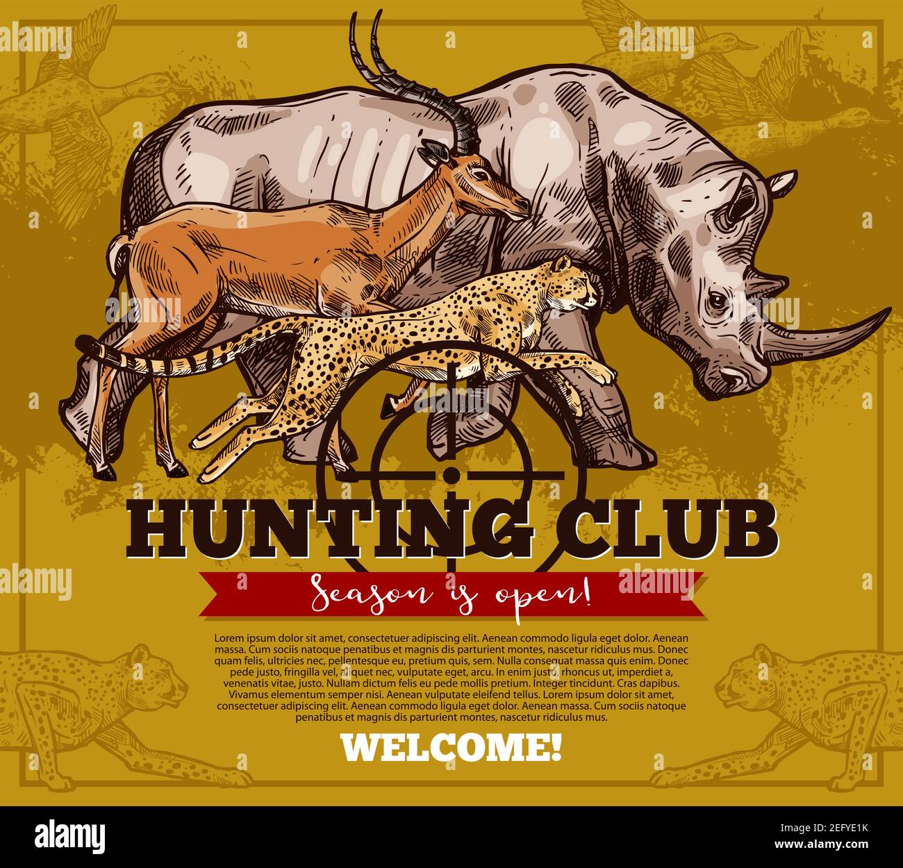 Hunter club or hunting open season sketch poster of wild African ...