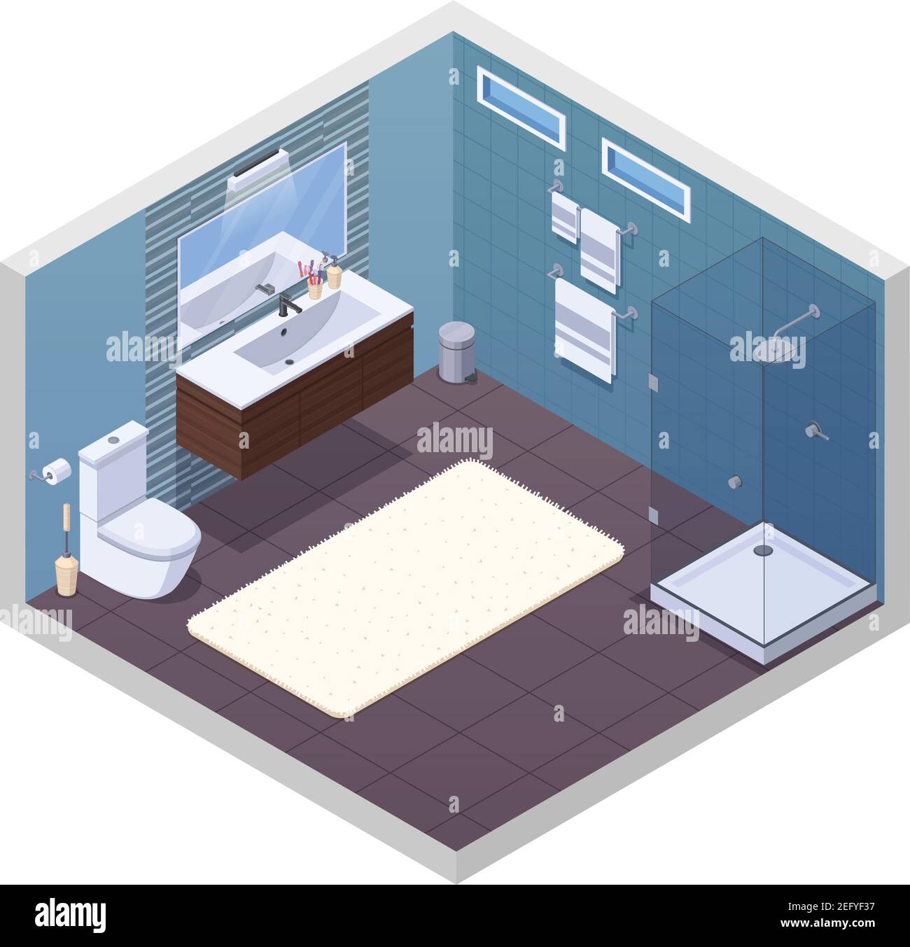 Bathroom isometric interior with glossy shower unit lavatory bowl ...
