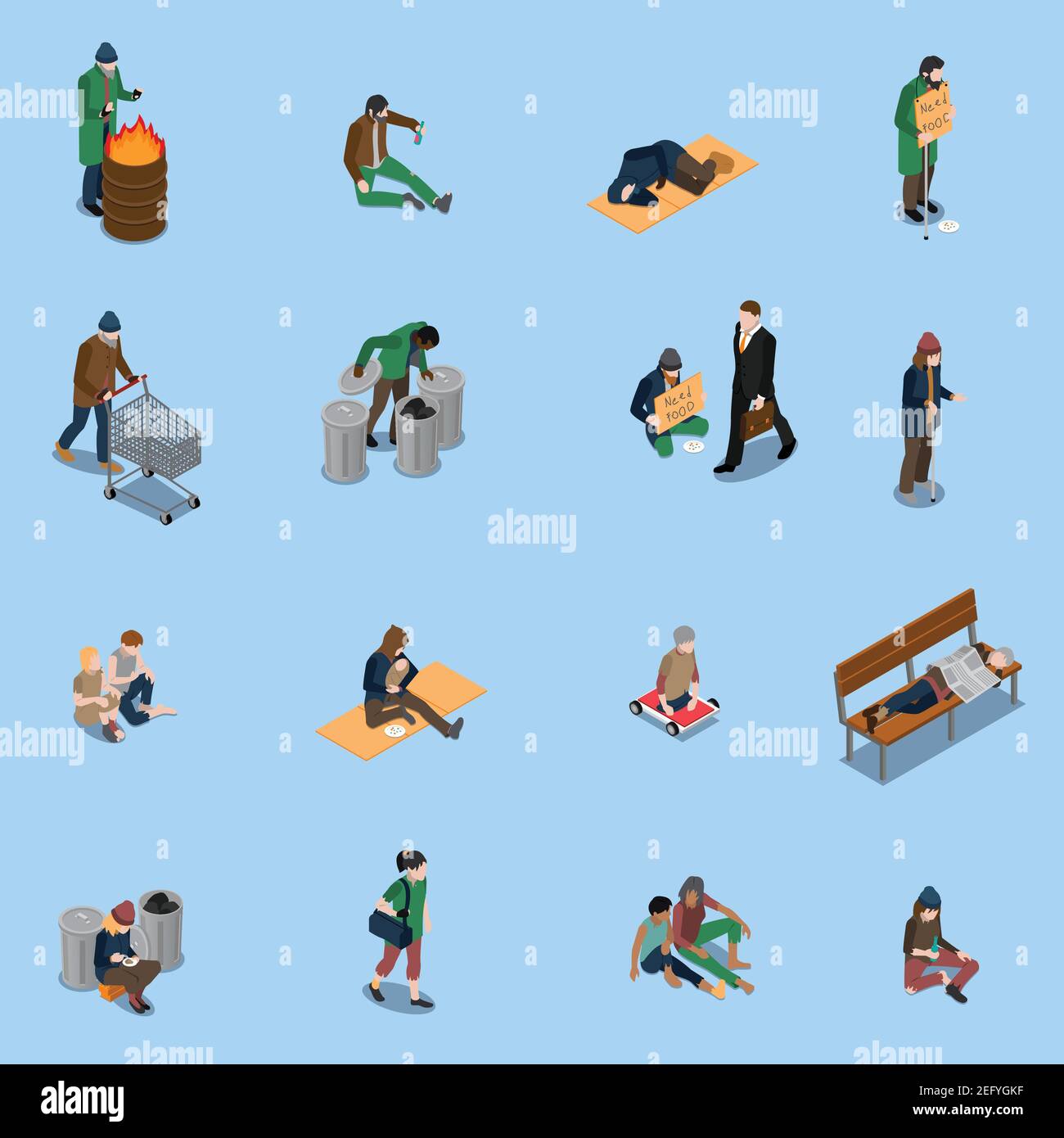 Homeless people isometric set with beggars needy and disabled persons ...