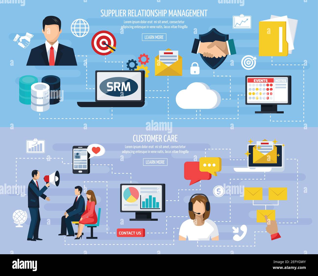 CRM horizontal flat banners with supplier relationship management and ...